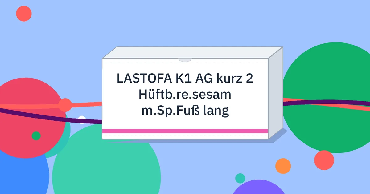 Symbolbild: Packung mit der Aufschrift LASTOFA K1 AG kurz 2 Hüftb.re.sesam m.Sp.Fuß lang (PZN 13797810) – Verfügbarkeit und Bezug in Apotheken in Frankfurt am Main