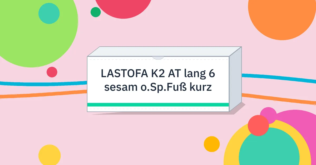 Symbolbild: Packung mit der Aufschrift LASTOFA K2 AT lang 6 sesam o.Sp.Fuß kurz (PZN 13810226) – Verfügbarkeit und Bezug in Apotheken in Frankfurt am Main