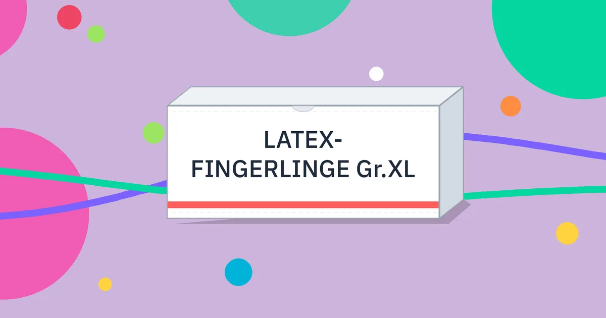 Symbolbild: Packung mit der Aufschrift LATEX-FINGERLINGE Gr.XL (PZN 13978339) – Verfügbarkeit und Bezug in Apotheken in Frankfurt am Main