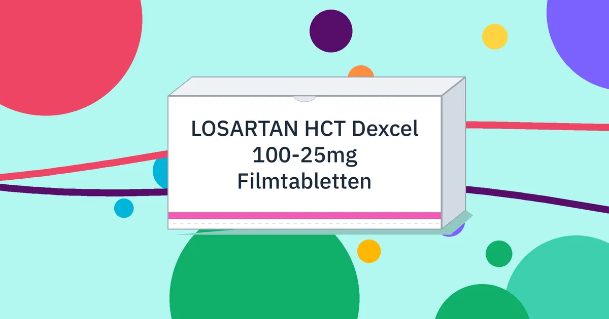 Symbolbild: Packung mit der Aufschrift LOSARTAN HCT Dexcel 100-25mg Filmtabletten (PZN 09333625) – Verfügbarkeit und Bezug in Apotheken in Frankfurt am Main