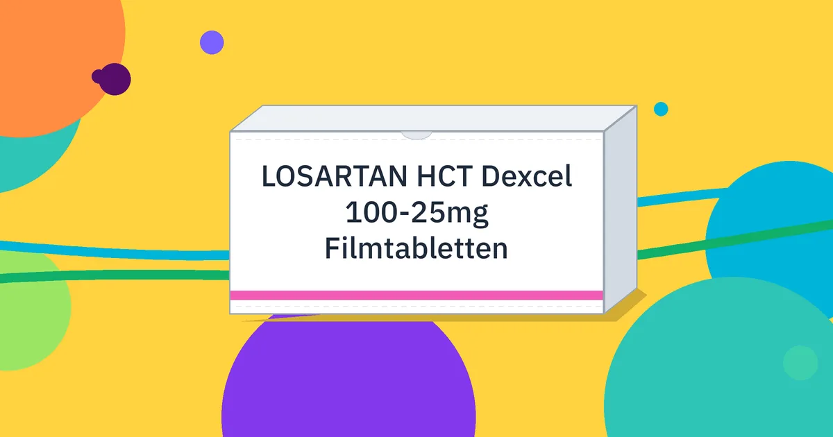 Symbolbild: Packung mit der Aufschrift LOSARTAN HCT Dexcel 100-25mg Filmtabletten (PZN 09333602) – Verfügbarkeit und Bezug in Apotheken in Frankfurt am Main