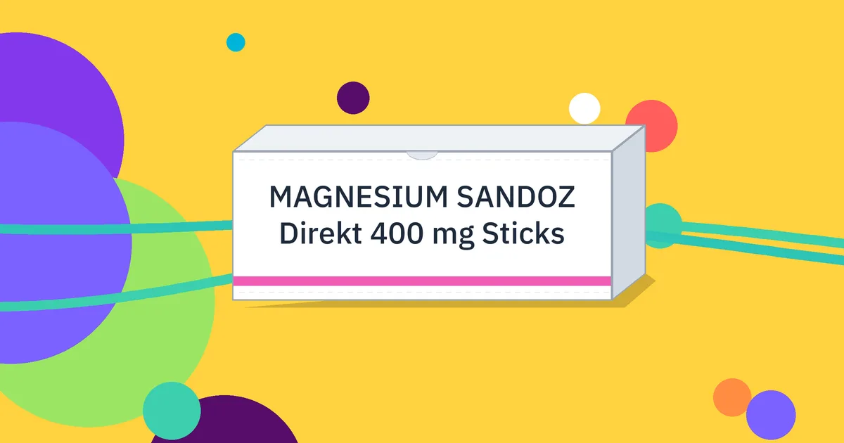 Symbolbild: Packung mit der Aufschrift MAGNESIUM SANDOZ Direkt 400 mg Sticks (PZN 14210072) – Verfügbarkeit und Bezug in Apotheken in Frankfurt am Main
