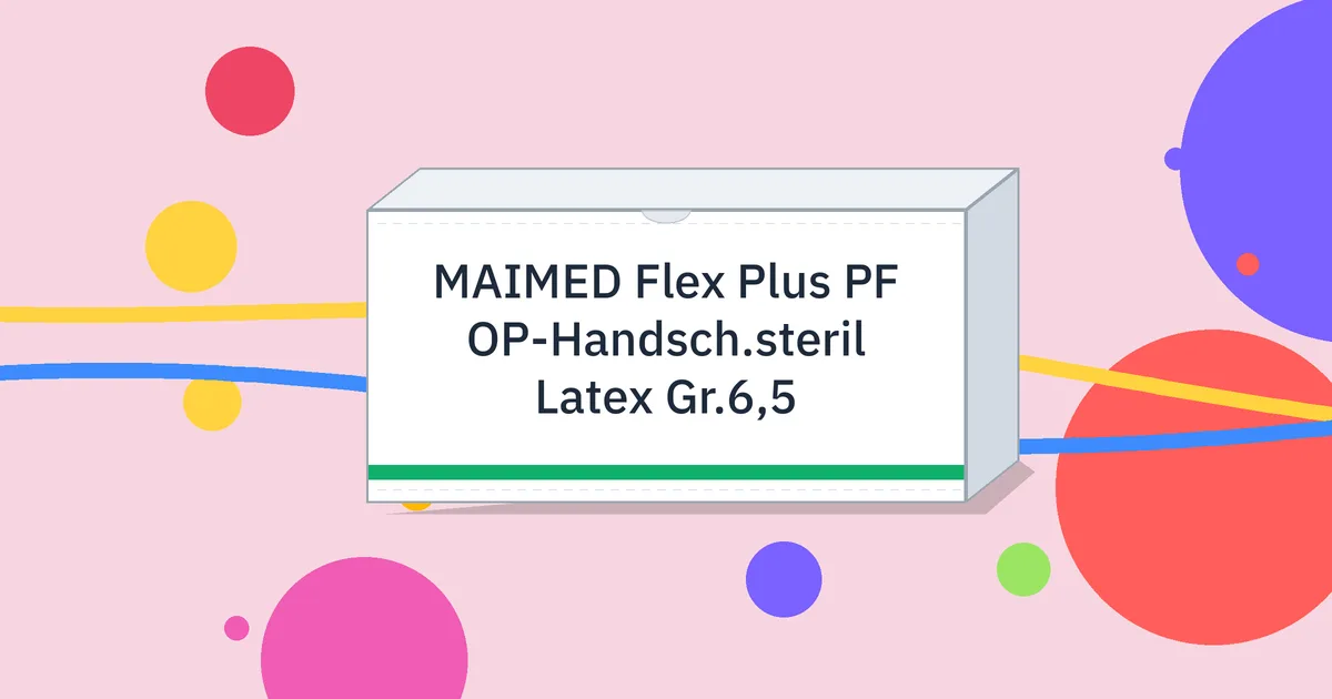 Symbolbild: Packung mit der Aufschrift MAIMED Flex Plus PF OP-Handsch.steril Latex Gr.6,5 (PZN 04842693) – Verfügbarkeit und Bezug in Apotheken in Frankfurt am Main