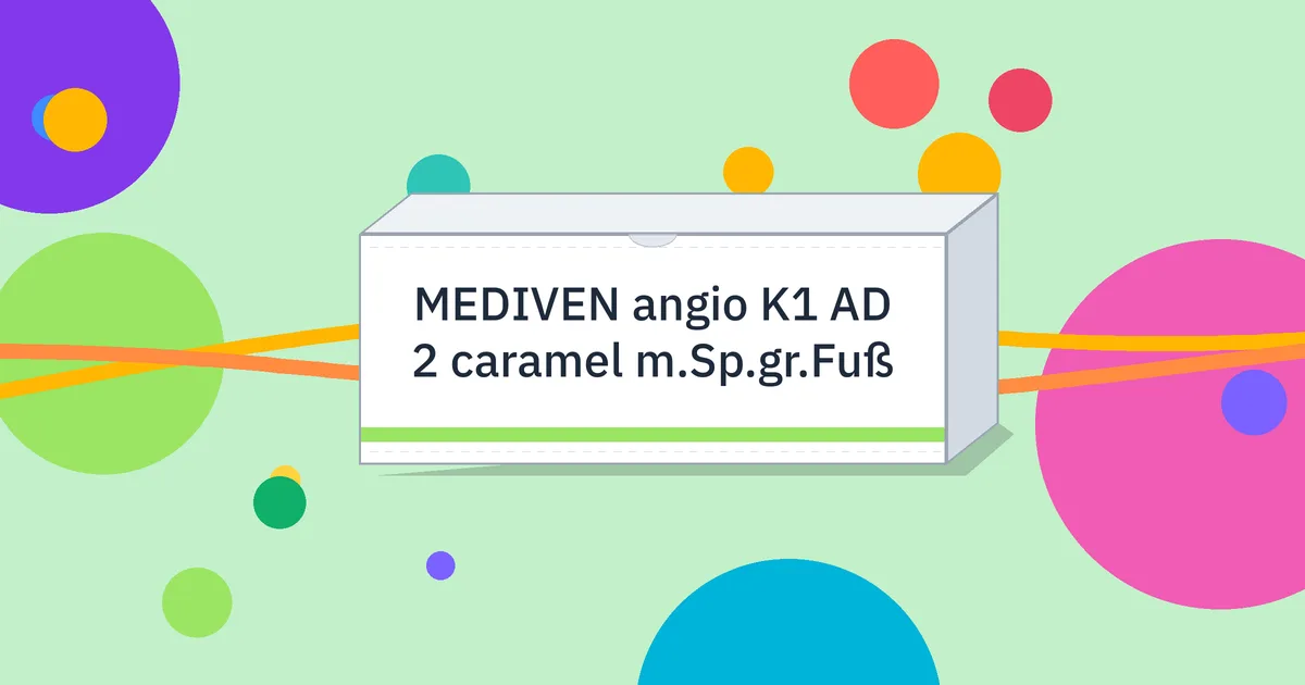 Symbolbild: Packung mit der Aufschrift MEDIVEN angio K1 AD 2 caramel m.Sp.gr.Fuß (PZN 17210032) – Verfügbarkeit und Bezug in Apotheken in Frankfurt am Main