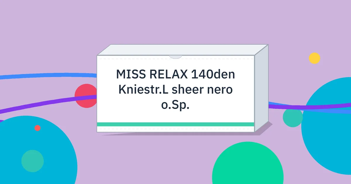Symbolbild: Packung mit der Aufschrift MISS RELAX 140den Kniestr.L sheer nero o.Sp. (PZN 20289586) – Verfügbarkeit und Bezug in Apotheken in Frankfurt am Main