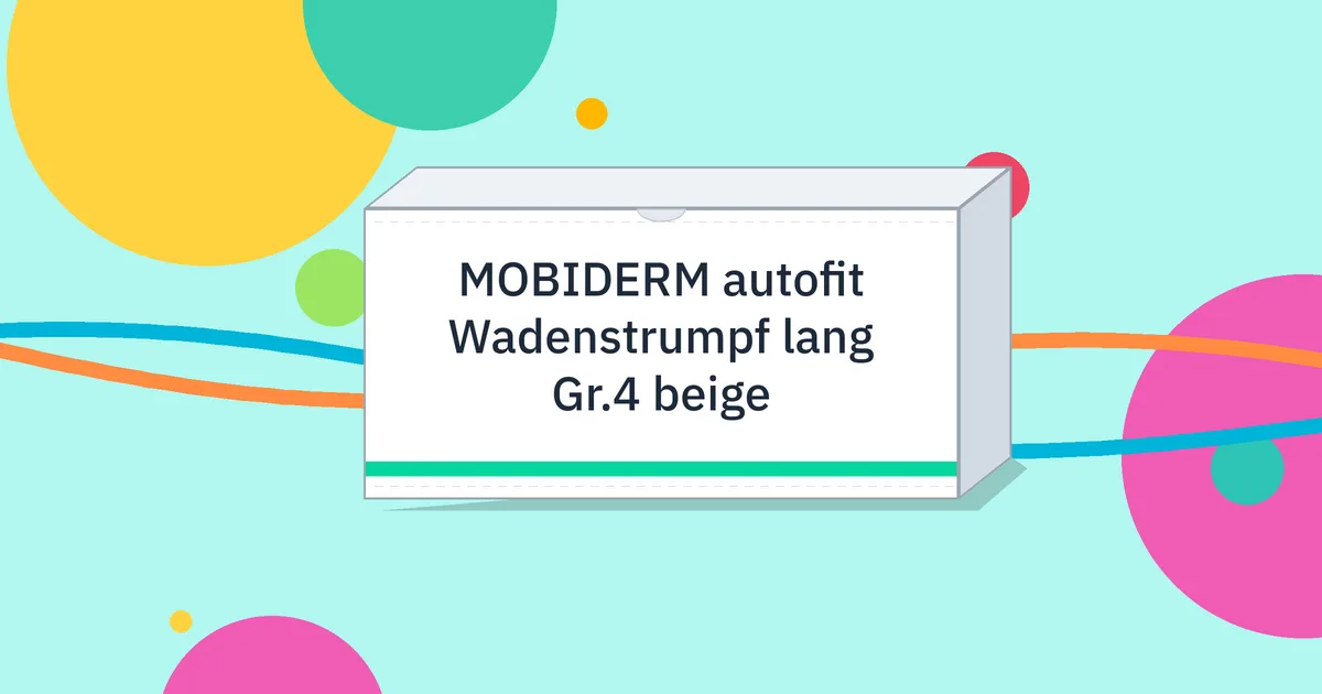 Symbolbild: Packung mit der Aufschrift MOBIDERM autofit Wadenstrumpf lang Gr.4 beige (PZN 13970059) – Verfügbarkeit und Bezug in Apotheken in Frankfurt am Main