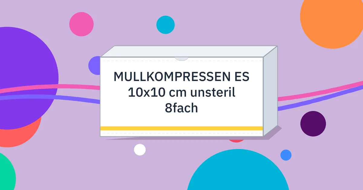 Symbolbild: Packung mit der Aufschrift MULLKOMPRESSEN ES 10x10 cm unsteril 8fach (PZN 07389018) – Verfügbarkeit und Bezug in Apotheken in Frankfurt am Main