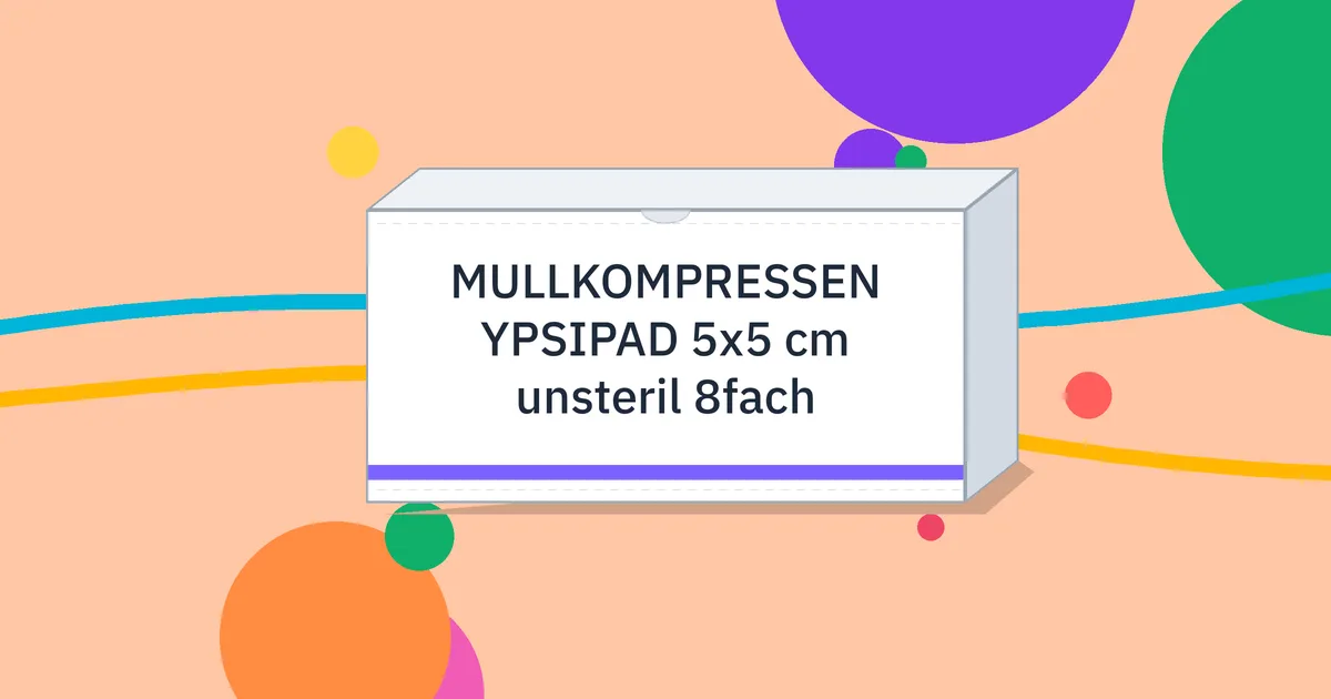Symbolbild: Packung mit der Aufschrift MULLKOMPRESSEN YPSIPAD 5x5 cm unsteril 8fach (PZN 03262829) – Verfügbarkeit und Bezug in Apotheken in Frankfurt am Main