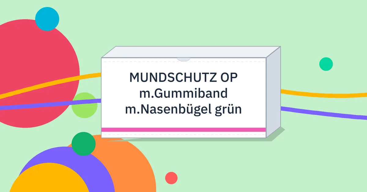 Symbolbild: Packung mit der Aufschrift MUNDSCHUTZ OP m.Gummiband m.Nasenbügel grün (PZN 02064027) – Verfügbarkeit und Bezug in Apotheken in Frankfurt am Main