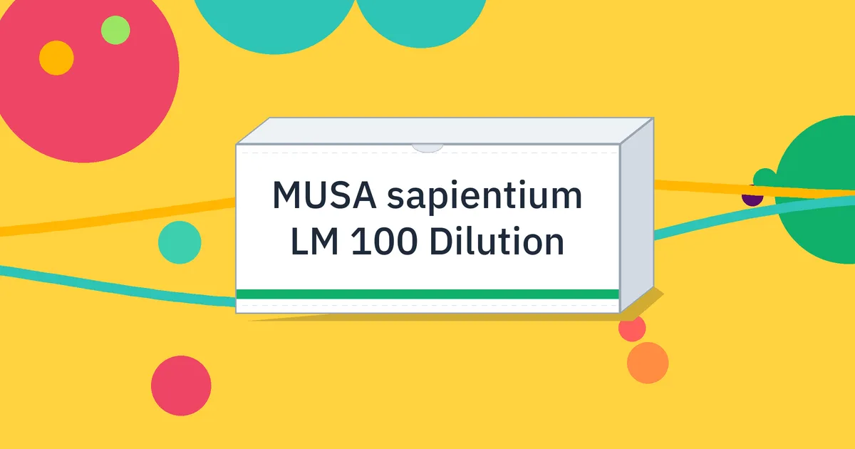 Symbolbild: Packung mit der Aufschrift MUSA sapientium LM 100 Dilution (PZN 13611975) – Verfügbarkeit und Bezug in Apotheken in Frankfurt am Main