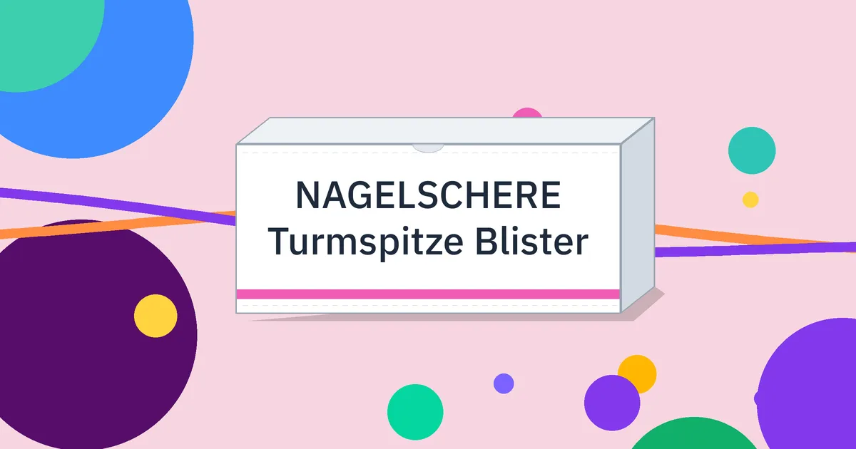 Symbolbild: Packung mit der Aufschrift NAGELSCHERE Turmspitze Blister (PZN 01569558) – Verfügbarkeit und Bezug in Apotheken in Frankfurt am Main