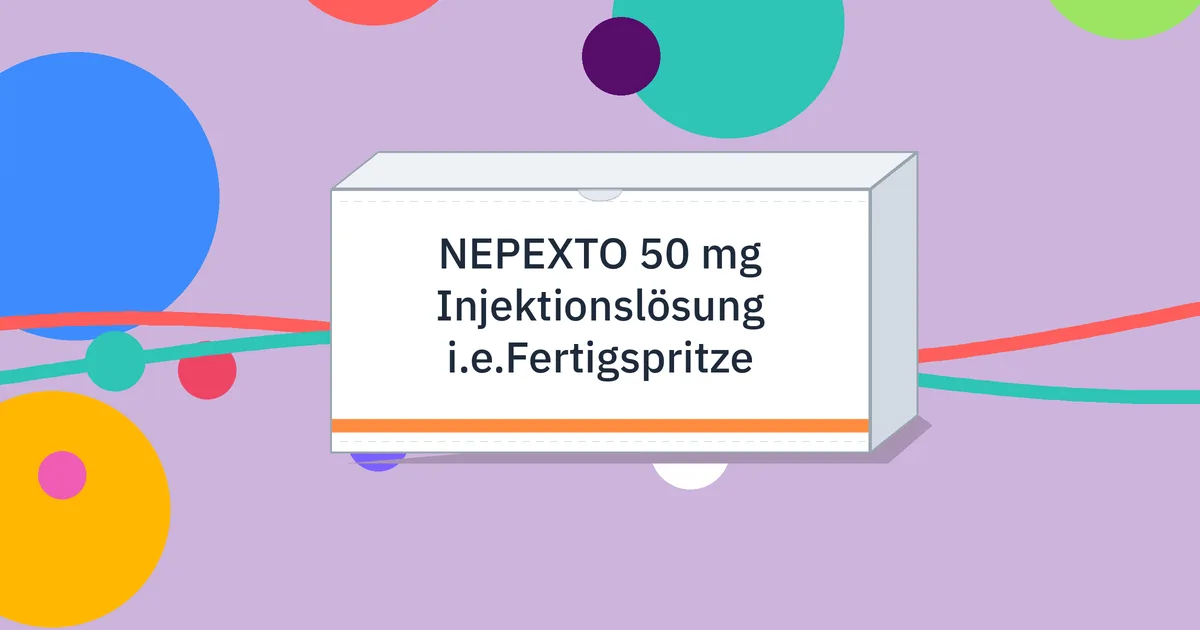 Symbolbild: Packung mit der Aufschrift NEPEXTO 50 mg Injektionslösung i.e.Fertigspritze (PZN 16907802) – Verfügbarkeit und Bezug in Apotheken in Frankfurt am Main