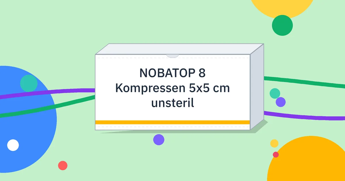 Symbolbild: Packung mit der Aufschrift NOBATOP 8 Kompressen 5x5 cm unsteril (PZN 05508571) – Verfügbarkeit und Bezug in Apotheken in Frankfurt am Main