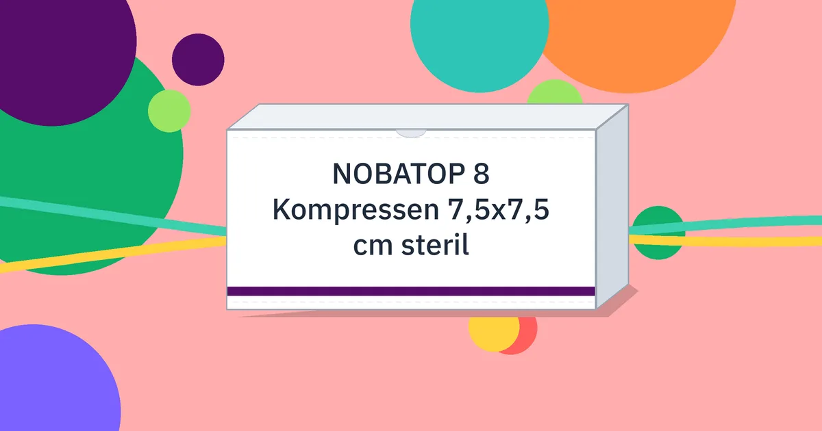 Symbolbild: Packung mit der Aufschrift NOBATOP 8 Kompressen 7,5x7,5 cm steril (PZN 05508594) – Verfügbarkeit und Bezug in Apotheken in Frankfurt am Main