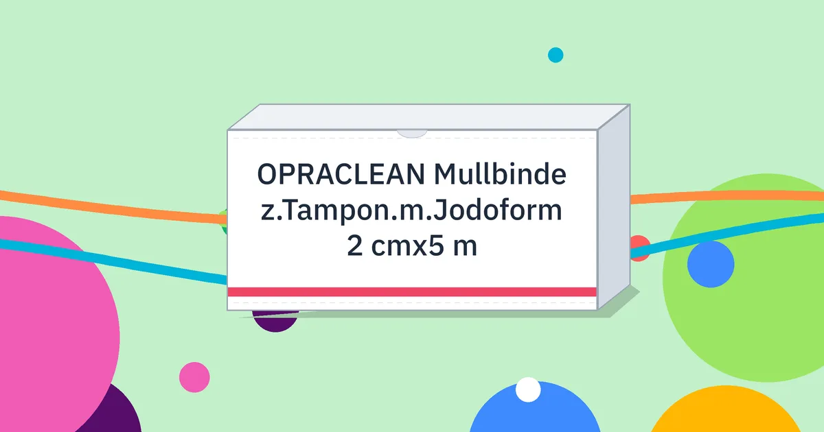 Symbolbild: Packung mit der Aufschrift OPRACLEAN Mullbinde z.Tampon.m.Jodoform 2 cmx5 m (PZN 15403761) – Verfügbarkeit und Bezug in Apotheken in Frankfurt am Main