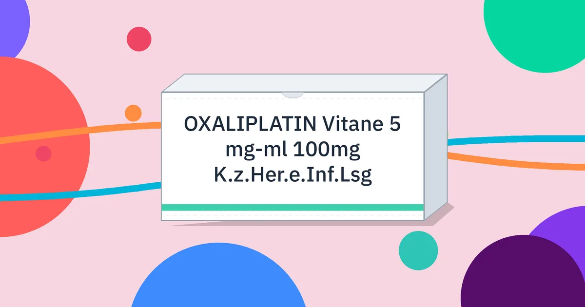 Symbolbild: Packung mit der Aufschrift OXALIPLATIN Vitane 5 mg-ml 100mg K.z.Her.e.Inf.Lsg (PZN 11384469) – Verfügbarkeit und Bezug in Apotheken in Frankfurt am Main