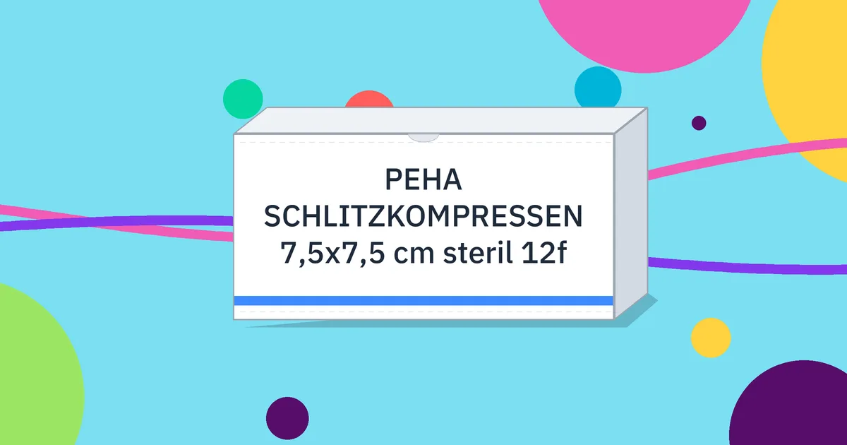 Symbolbild: Packung mit der Aufschrift PEHA SCHLITZKOMPRESSEN 7,5x7,5 cm steril 12f (PZN 19357383) – Verfügbarkeit und Bezug in Apotheken in Frankfurt am Main