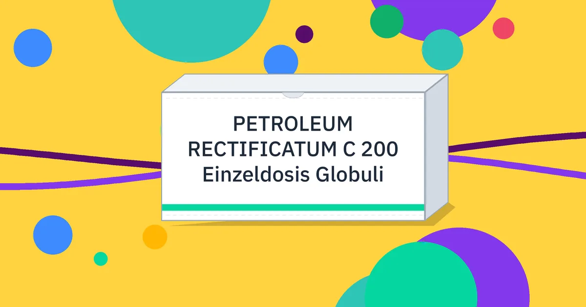 Symbolbild: Packung mit der Aufschrift PETROLEUM RECTIFICATUM C 200 Einzeldosis Globuli (PZN 01948847) – Verfügbarkeit und Bezug in Apotheken in Frankfurt am Main