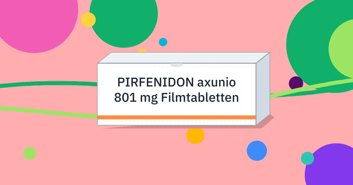 Symbolbild: Packung mit der Aufschrift PIRFENIDON axunio 801 mg Filmtabletten (PZN 18097543) – Verfügbarkeit und Bezug in Apotheken in Frankfurt am Main
