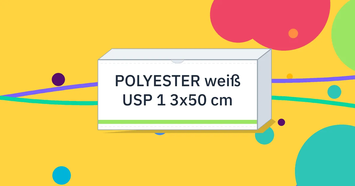 Symbolbild: Packung mit der Aufschrift POLYESTER weiß USP 1 3x50 cm (PZN 01816347) – Verfügbarkeit und Bezug in Apotheken in Frankfurt am Main