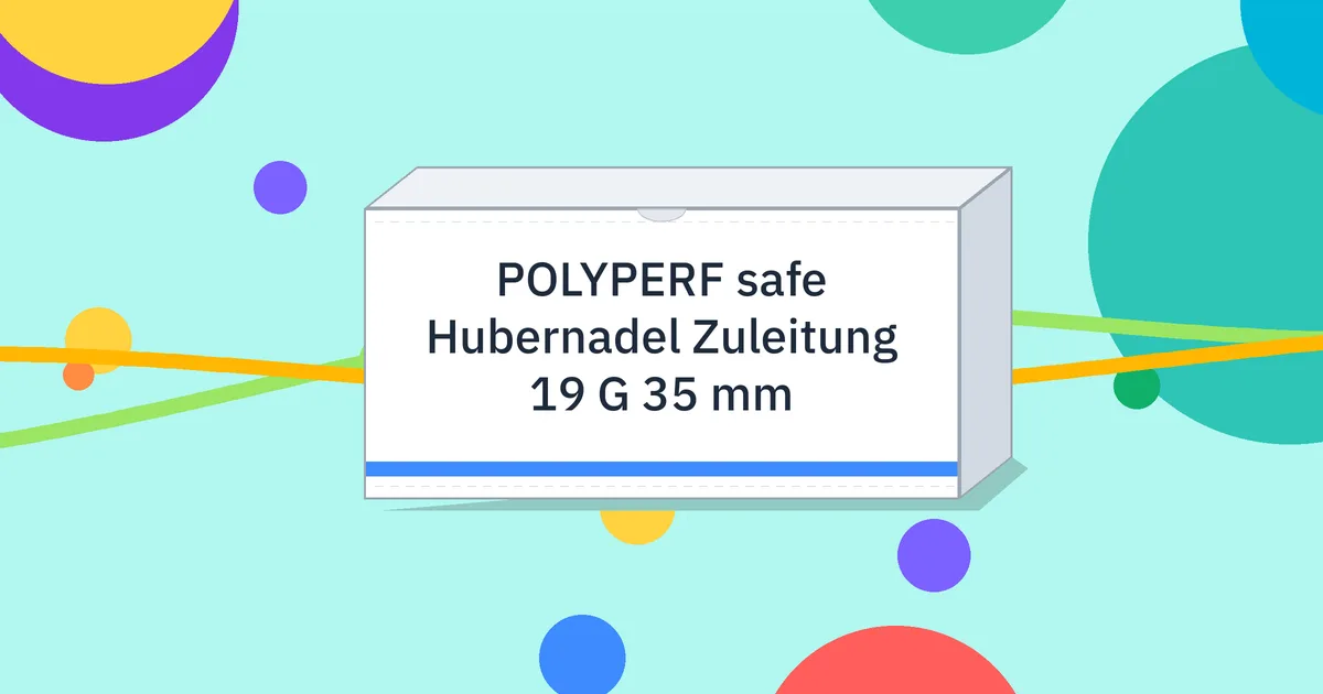Symbolbild: Packung mit der Aufschrift POLYPERF safe Hubernadel Zuleitung 19 G 35 mm (PZN 12426402) – Verfügbarkeit und Bezug in Apotheken in Frankfurt am Main