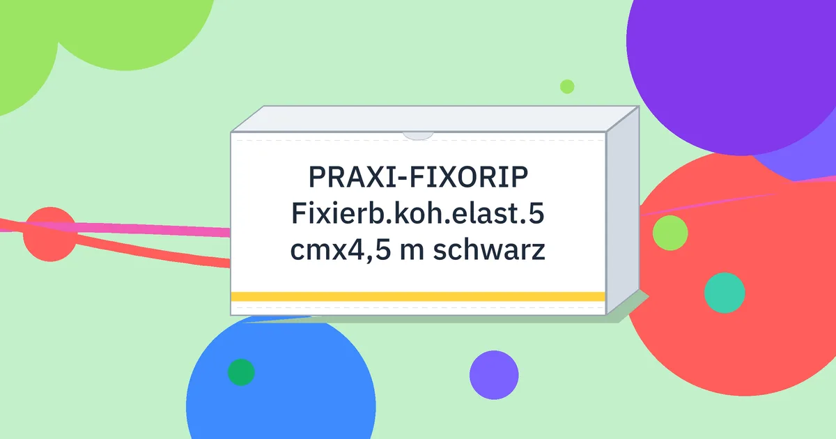 Symbolbild: Packung mit der Aufschrift PRAXI-FIXORIP Fixierb.koh.elast.5 cmx4,5 m schwarz (PZN 17490161) – Verfügbarkeit und Bezug in Apotheken in Frankfurt am Main