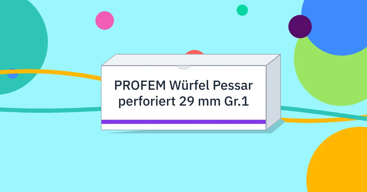Symbolbild: Packung mit der Aufschrift PROFEM Würfel Pessar perforiert 29 mm Gr.1 (PZN 11672978) – Verfügbarkeit und Bezug in Apotheken in Frankfurt am Main