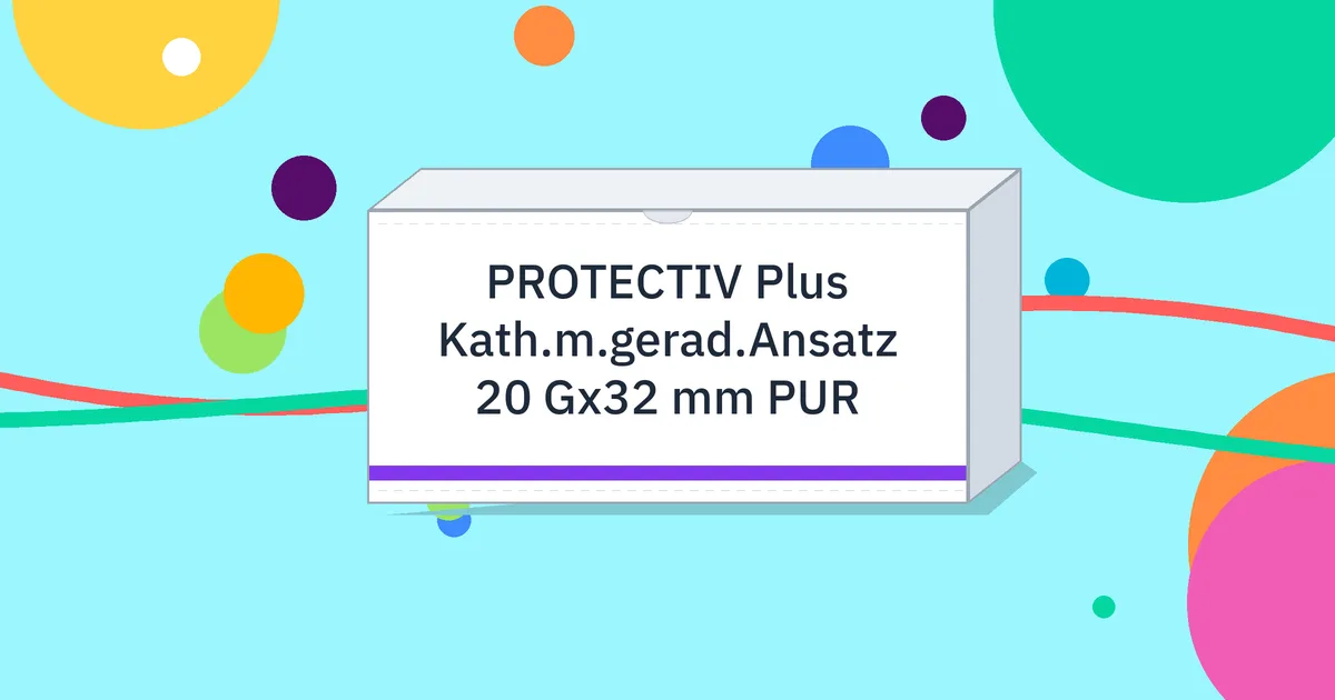 Symbolbild: Packung mit der Aufschrift PROTECTIV Plus Kath.m.gerad.Ansatz 20 Gx32 mm PUR (PZN 08424679) – Verfügbarkeit und Bezug in Apotheken in Frankfurt am Main