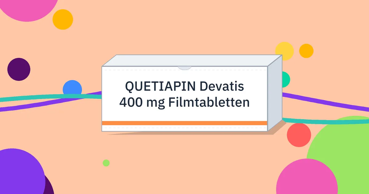 Symbolbild: Packung mit der Aufschrift QUETIAPIN Devatis 400 mg Filmtabletten (PZN 17235842) – Verfügbarkeit und Bezug in Apotheken in Frankfurt am Main