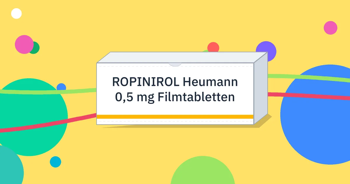 Symbolbild: Packung mit der Aufschrift ROPINIROL Heumann 0,5 mg Filmtabletten (PZN 02118898) – Verfügbarkeit und Bezug in Apotheken in Frankfurt am Main