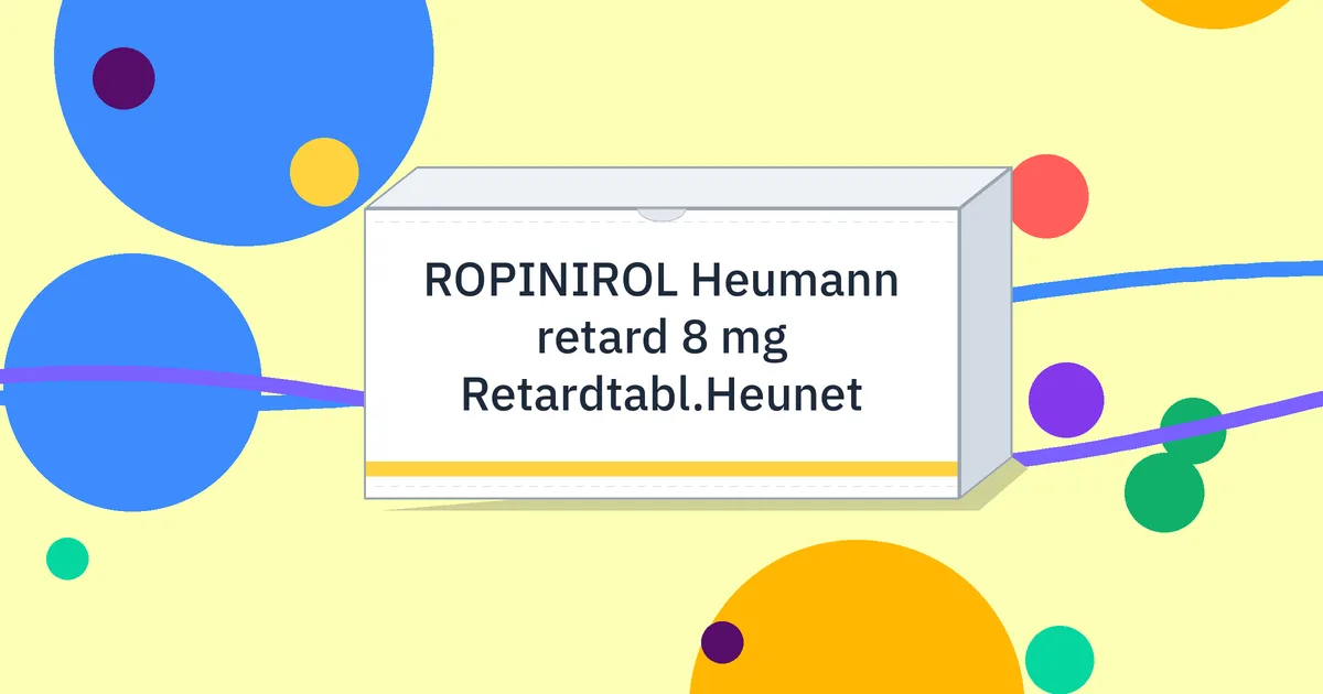 Symbolbild: Packung mit der Aufschrift ROPINIROL Heumann retard 8 mg Retardtabl.Heunet (PZN 16198518) – Verfügbarkeit und Bezug in Apotheken in Frankfurt am Main