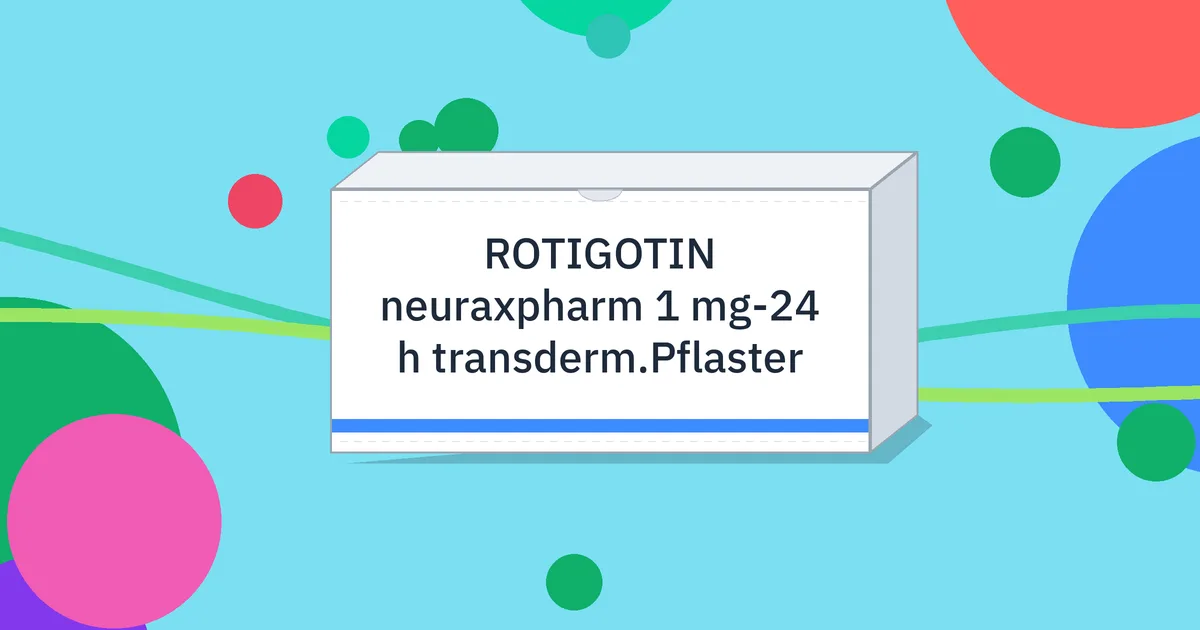 Symbolbild: Packung mit der Aufschrift ROTIGOTIN neuraxpharm 1 mg-24 h transderm.Pflaster (PZN 18369734) – Verfügbarkeit und Bezug in Apotheken in Frankfurt am Main