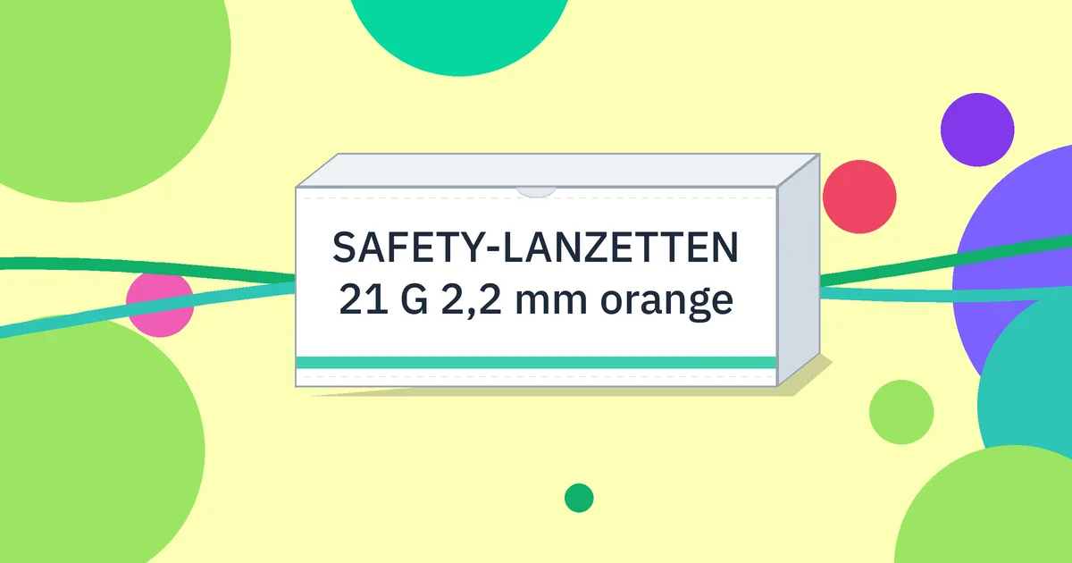 Symbolbild: Packung mit der Aufschrift SAFETY-LANZETTEN 21 G 2,2 mm orange (PZN 00077876) – Verfügbarkeit und Bezug in Apotheken in Frankfurt am Main