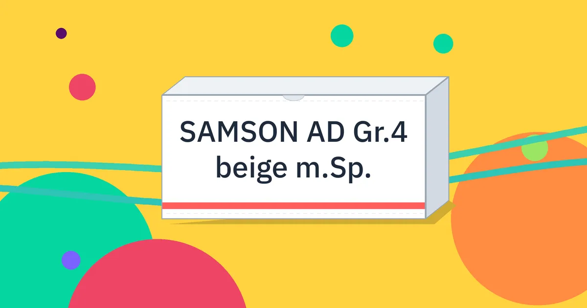 Symbolbild: Packung mit der Aufschrift SAMSON AD Gr.4 beige m.Sp. (PZN 14248815) – Verfügbarkeit und Bezug in Apotheken in Frankfurt am Main