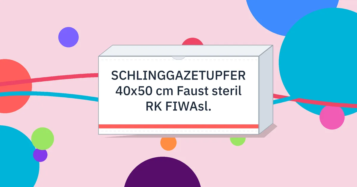 Symbolbild: Packung mit der Aufschrift SCHLINGGAZETUPFER 40x50 cm Faust steril RK FIWAsl. (PZN 11860510) – Verfügbarkeit und Bezug in Apotheken in Frankfurt am Main