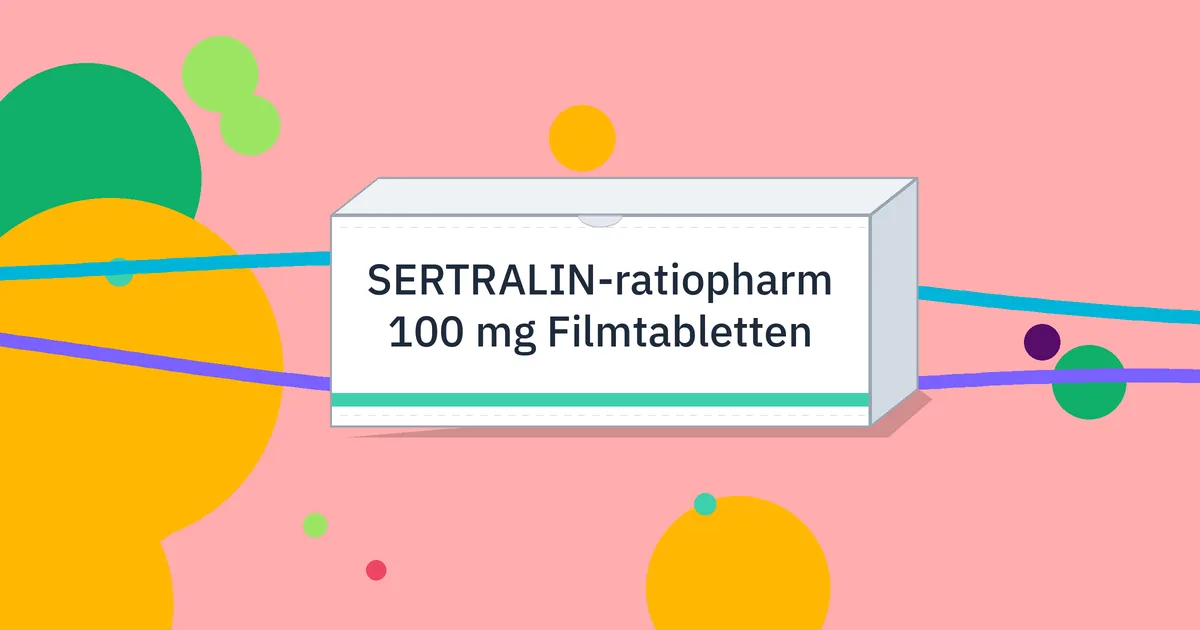Symbolbild: Packung mit der Aufschrift SERTRALIN-ratiopharm 100 mg Filmtabletten (PZN 01054989) – Verfügbarkeit und Bezug in Apotheken in Frankfurt am Main