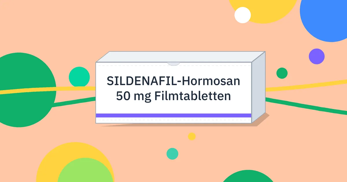 Symbolbild: Packung mit der Aufschrift SILDENAFIL-Hormosan 50 mg Filmtabletten (PZN 10852773) – Verfügbarkeit und Bezug in Apotheken in Frankfurt am Main