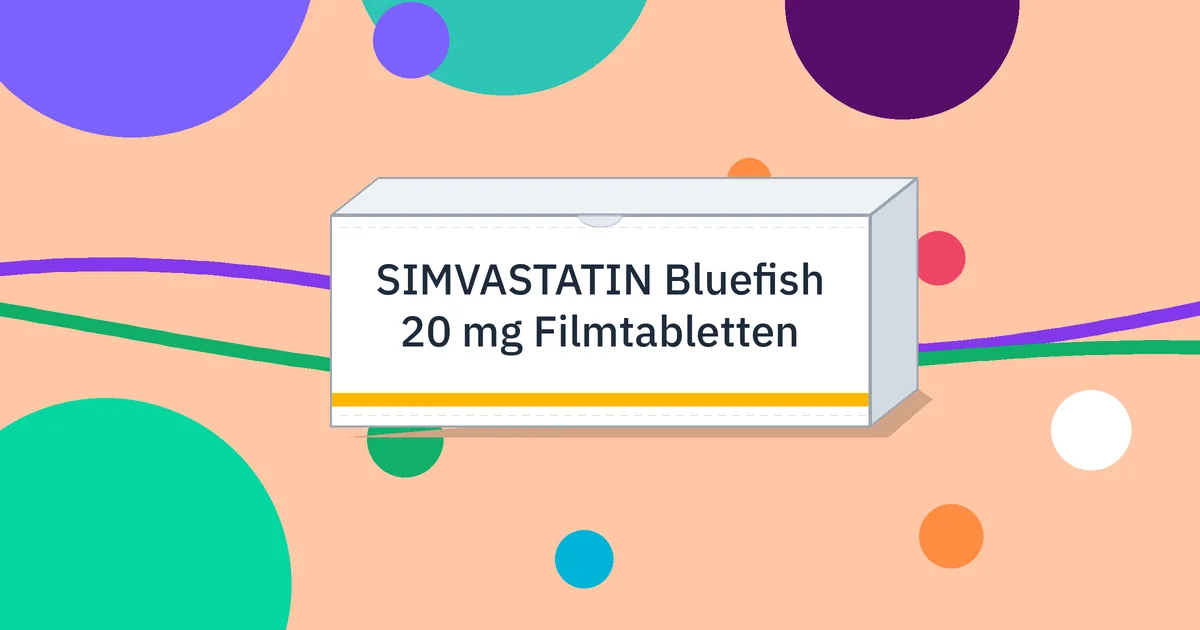 Symbolbild: Packung mit der Aufschrift SIMVASTATIN Bluefish 20 mg Filmtabletten (PZN 07276780) – Verfügbarkeit und Bezug in Apotheken in Frankfurt am Main