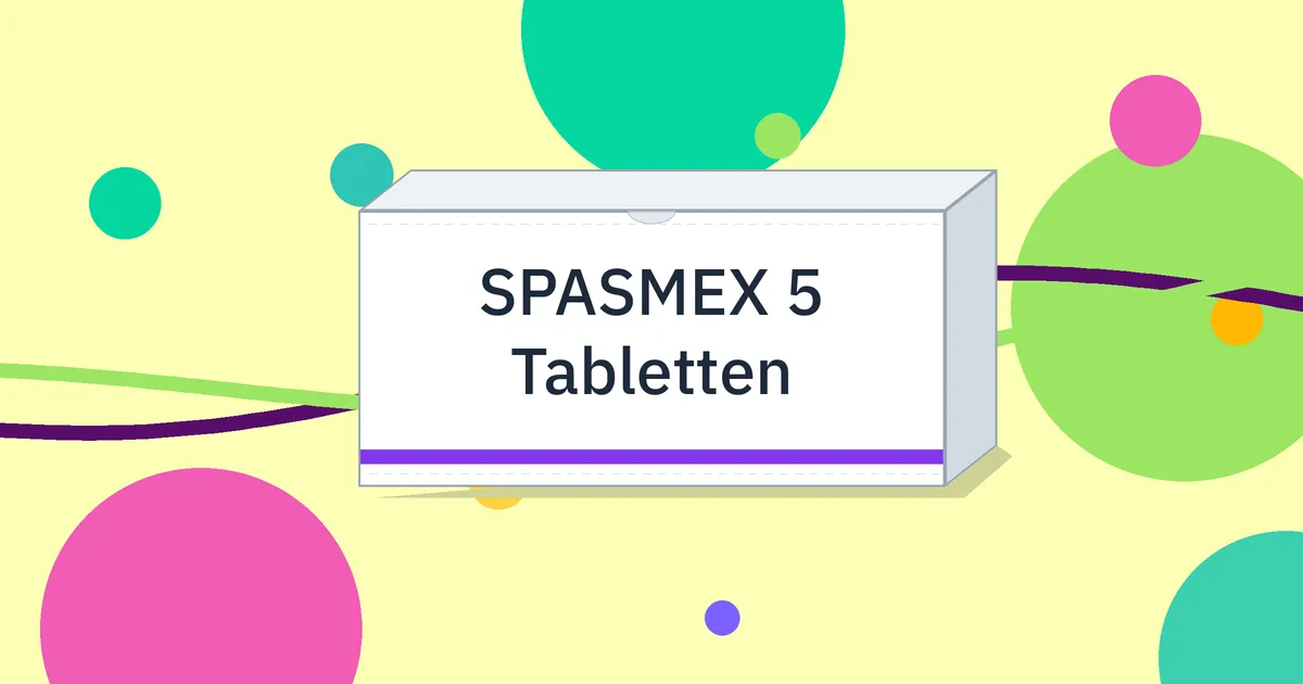 Symbolbild: Packung mit der Aufschrift SPASMEX 5 Tabletten (PZN 06165469) – Verfügbarkeit und Bezug in Apotheken in Frankfurt am Main