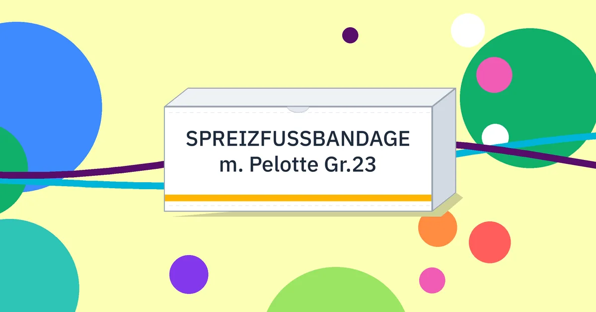Symbolbild: Packung mit der Aufschrift SPREIZFUSSBANDAGE m. Pelotte Gr.23 (PZN 01736588) – Verfügbarkeit und Bezug in Apotheken in Frankfurt am Main