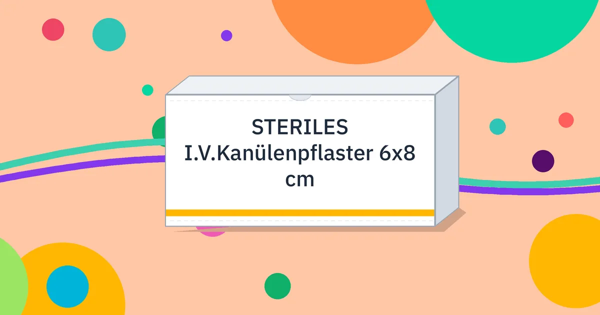 Symbolbild: Packung mit der Aufschrift STERILES I.V.Kanülenpflaster 6x8 cm (PZN 20032551) – Verfügbarkeit und Bezug in Apotheken in Frankfurt am Main
