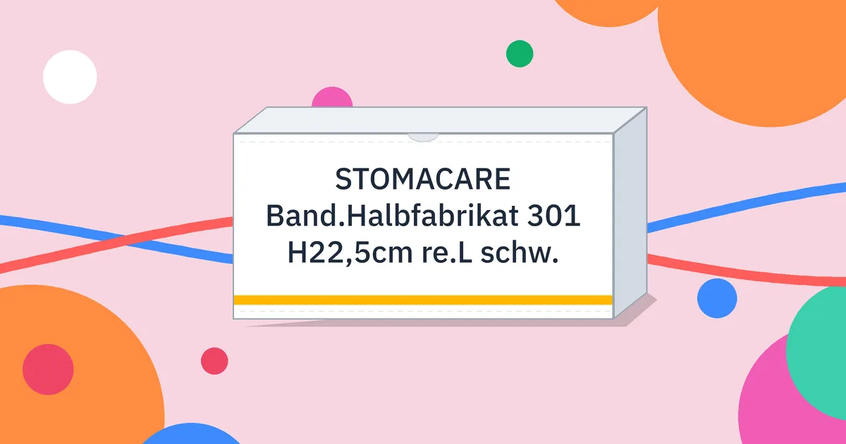 Symbolbild: Packung mit der Aufschrift STOMACARE Band.Halbfabrikat 301 H22,5cm re.L schw. (PZN 09436704) – Verfügbarkeit und Bezug in Apotheken in Frankfurt am Main