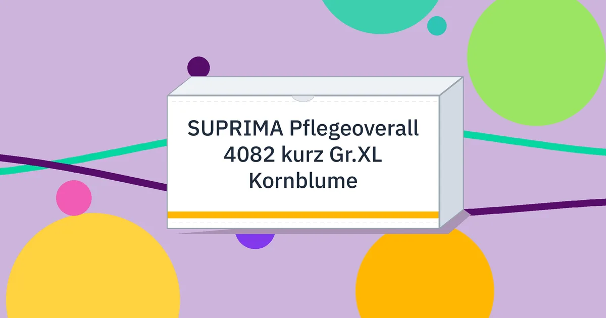 Symbolbild: Packung mit der Aufschrift SUPRIMA Pflegeoverall 4082 kurz Gr.XL Kornblume (PZN 11659854) – Verfügbarkeit und Bezug in Apotheken in Frankfurt am Main