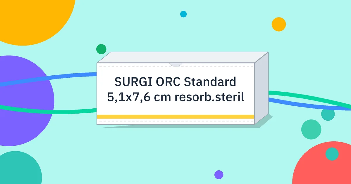 Symbolbild: Packung mit der Aufschrift SURGI ORC Standard 5,1x7,6 cm resorb.steril (PZN 18741352) – Verfügbarkeit und Bezug in Apotheken in Frankfurt am Main