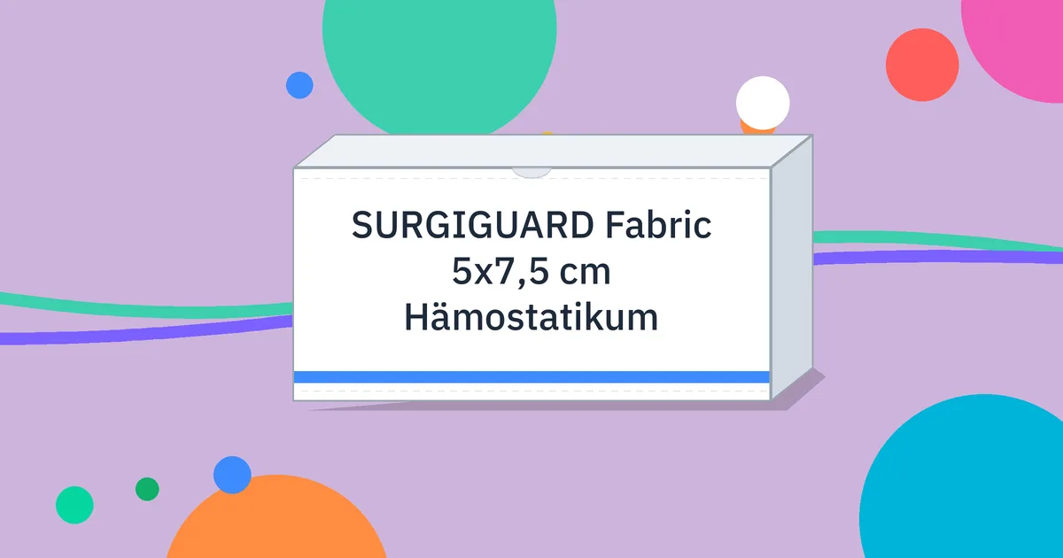 Symbolbild: Packung mit der Aufschrift SURGIGUARD Fabric 5x7,5 cm Hämostatikum (PZN 19160456) – Verfügbarkeit und Bezug in Apotheken in Frankfurt am Main