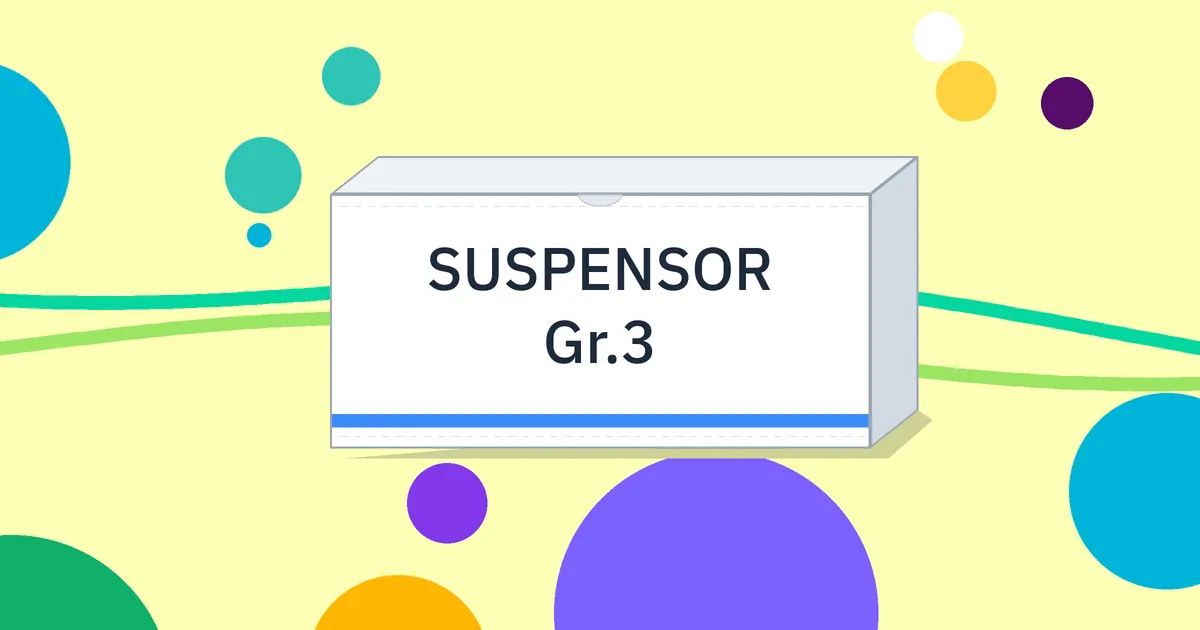 Symbolbild: Packung mit der Aufschrift SUSPENSOR Gr.3 (PZN 02609834) – Verfügbarkeit und Bezug in Apotheken in Frankfurt am Main