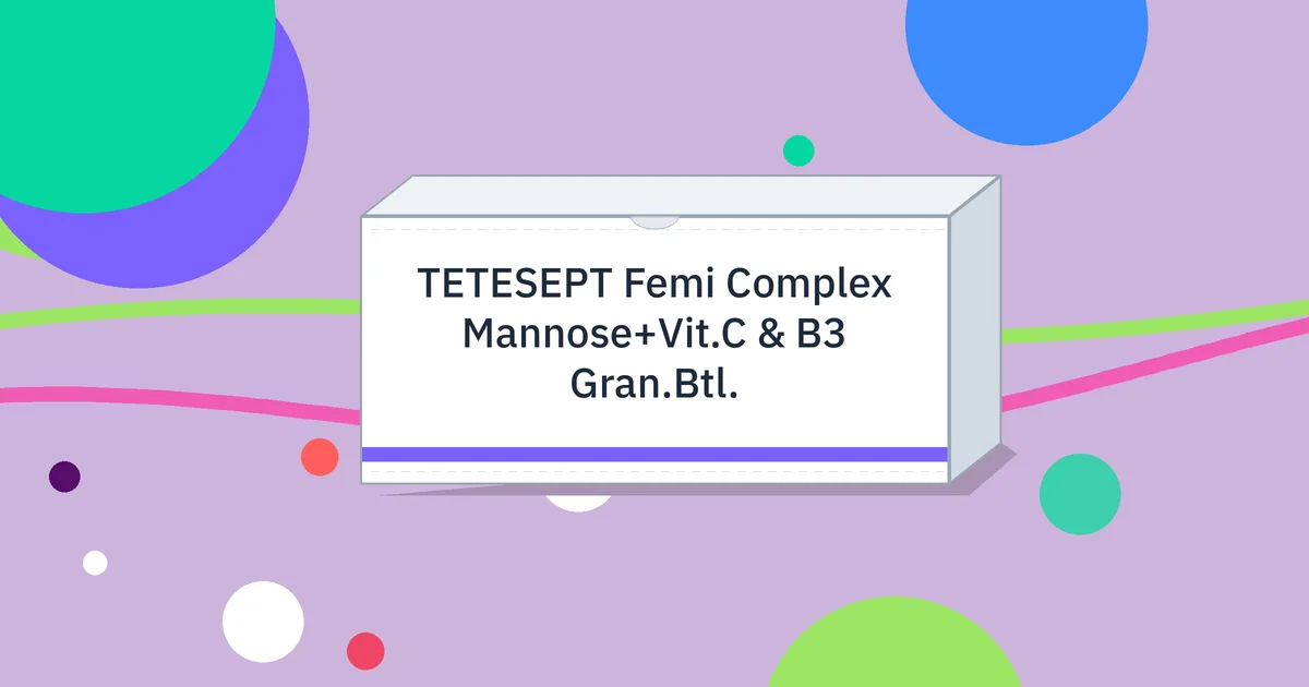 Symbolbild: Packung mit der Aufschrift TETESEPT Femi Complex Mannose+Vit.C & B3 Gran.Btl. (PZN 18458521) – Verfügbarkeit und Bezug in Apotheken in Frankfurt am Main
