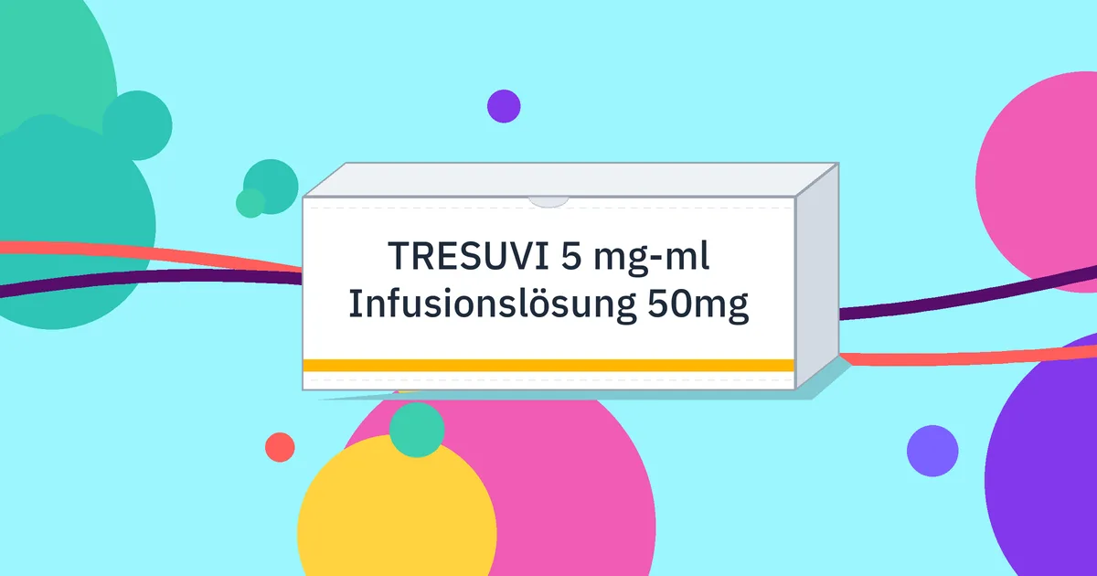 Symbolbild: Packung mit der Aufschrift TRESUVI 5 mg-ml Infusionslösung 50mg (PZN 17197159) – Verfügbarkeit und Bezug in Apotheken in Frankfurt am Main