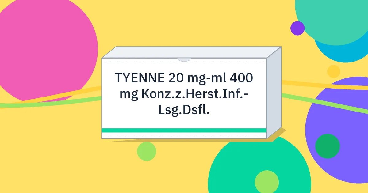 Symbolbild: Packung mit der Aufschrift TYENNE 20 mg-ml 400 mg Konz.z.Herst.Inf.-Lsg.Dsfl. (PZN 19918261) – Verfügbarkeit und Bezug in Apotheken in Frankfurt am Main