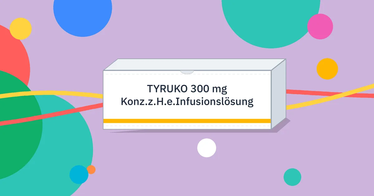Symbolbild: Packung mit der Aufschrift TYRUKO 300 mg Konz.z.H.e.Infusionslösung (PZN 19248487) – Verfügbarkeit und Bezug in Apotheken in Frankfurt am Main
